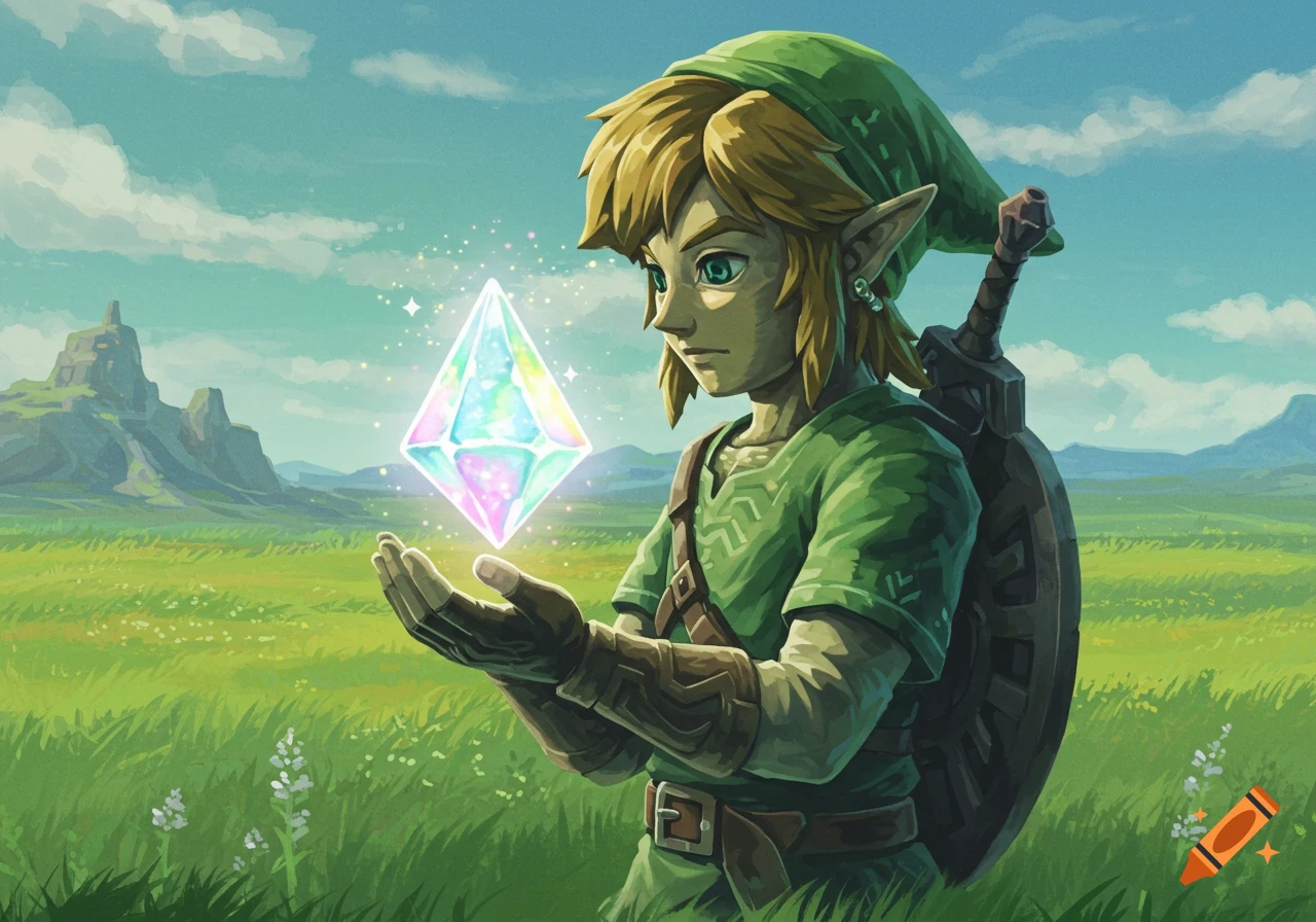 Illustration in Zelda art style of Link holding a glowing iridescent ...