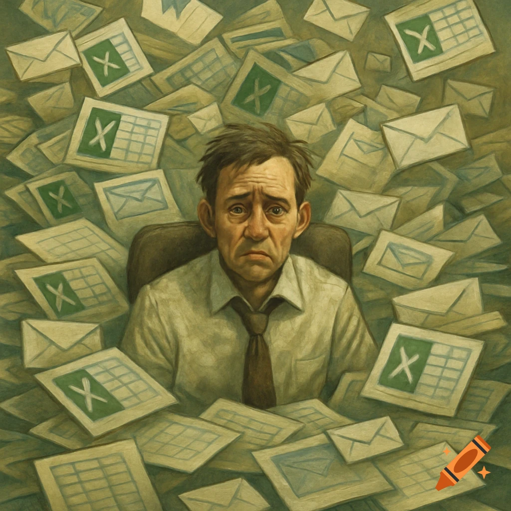 Stressed man surrounded by falling papers resembling Excel sheets and ...
