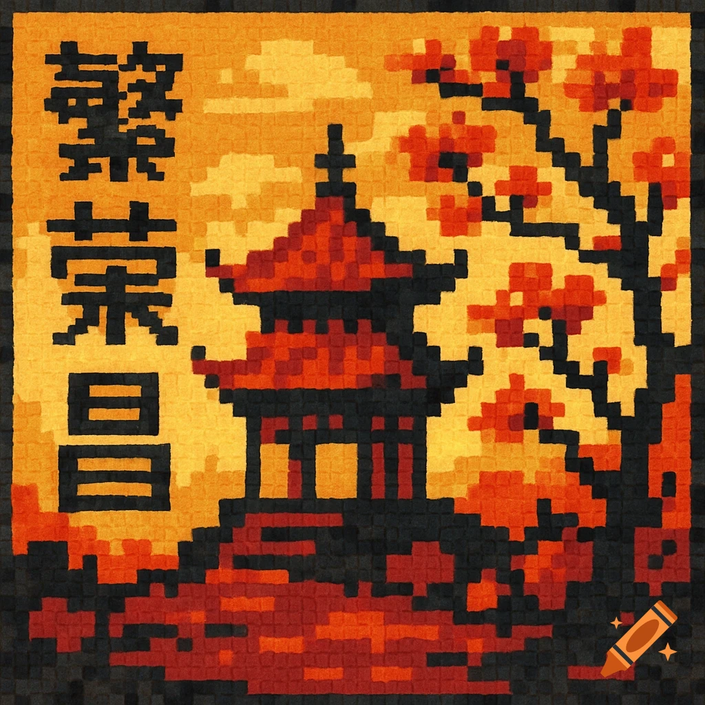 Pixelated Chinese art featuring a pagoda, cherry blossoms, and Chinese ...