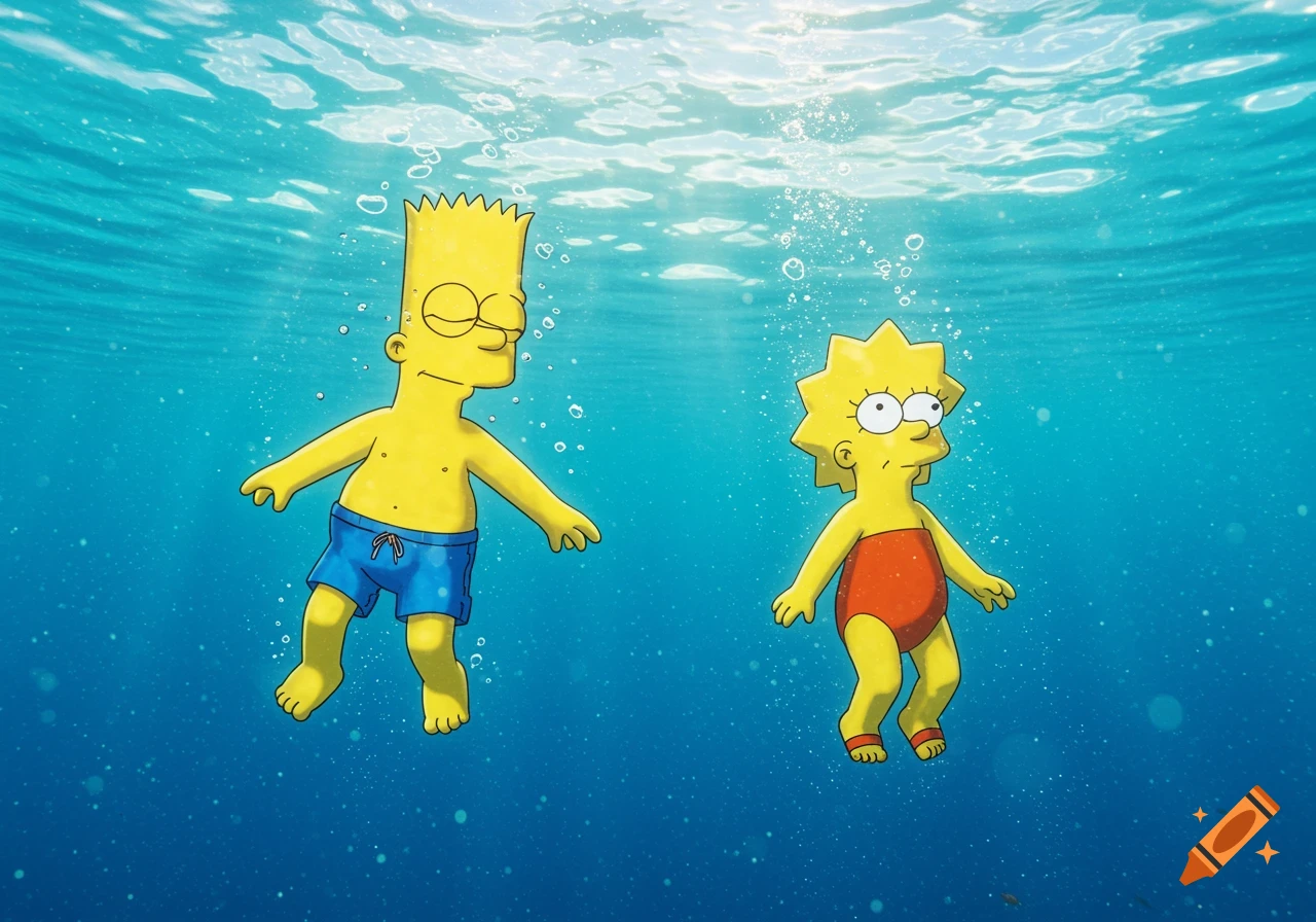 Bart and Lisa Simpson float underwater in a cartoon style on Craiyon