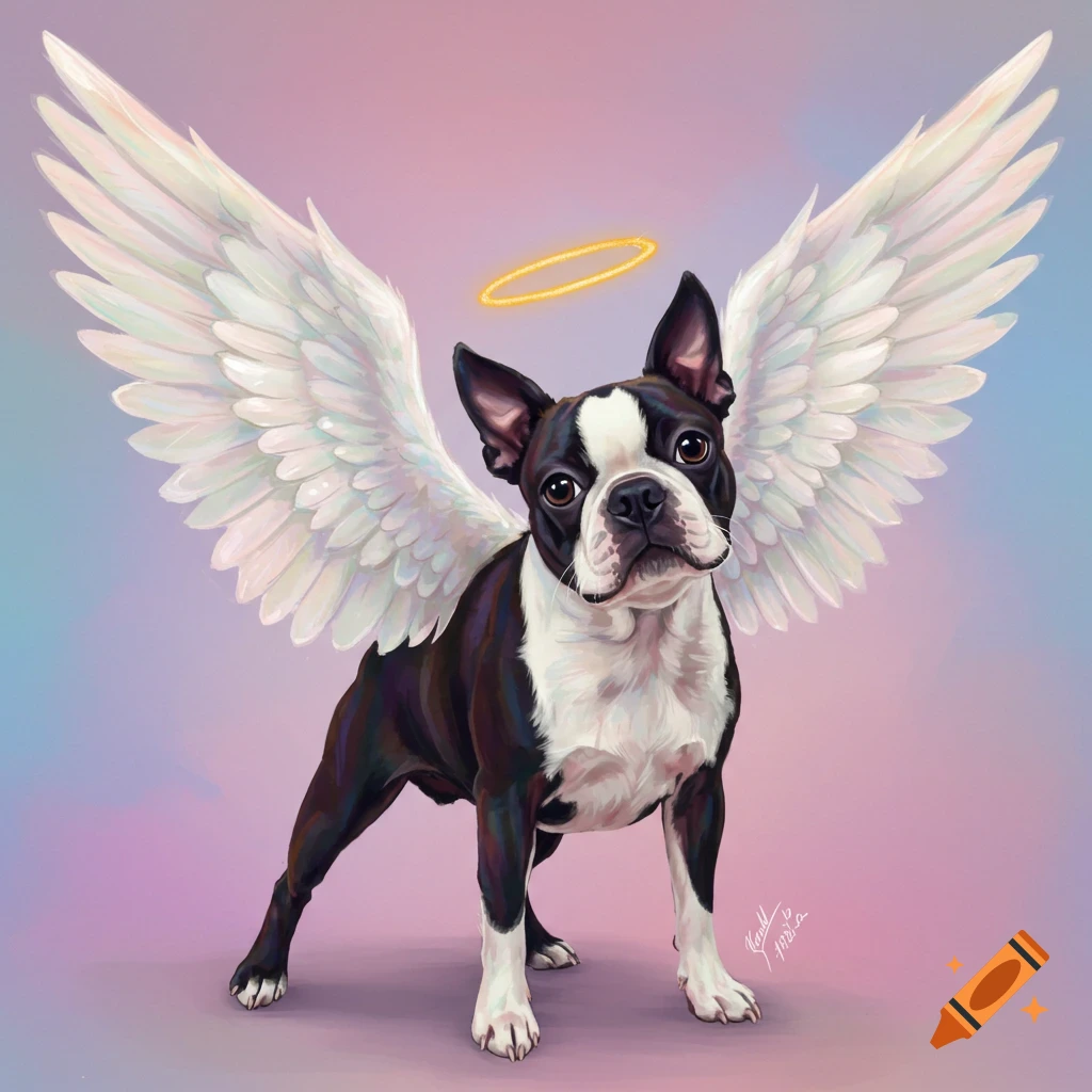An illustration of a Boston Terrier with angel wings and a halo. on Craiyon