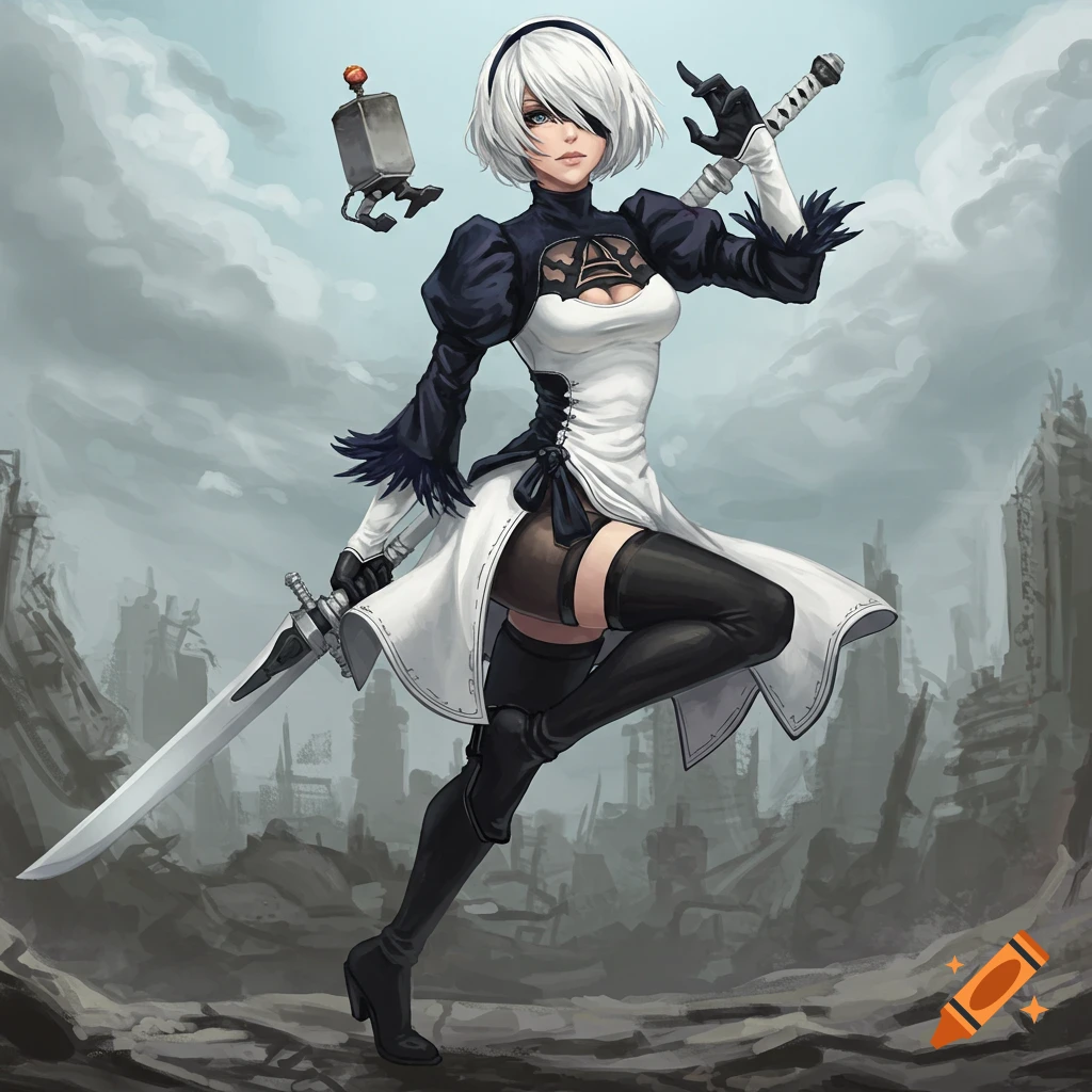 2B from Nier: Automata with swords in a ruined city on Craiyon