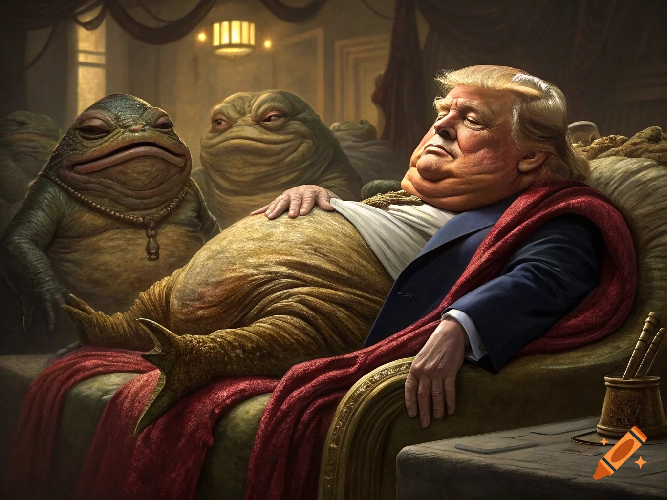 Caricature of Donald Trump's face on Jabba the Hutt's body, reclining ...