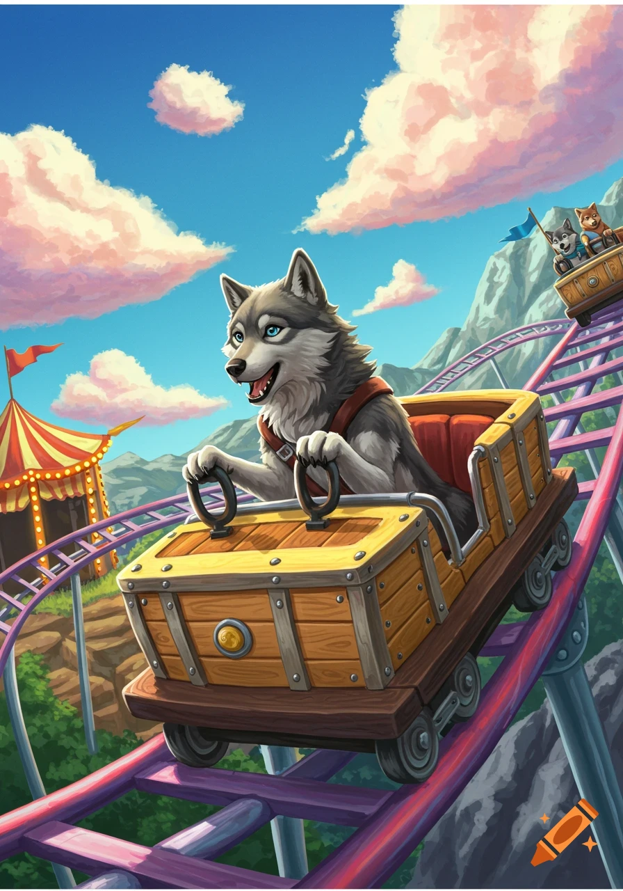 A cartoon wolf rides a rollercoaster cart, smiling excitedly. Another ...