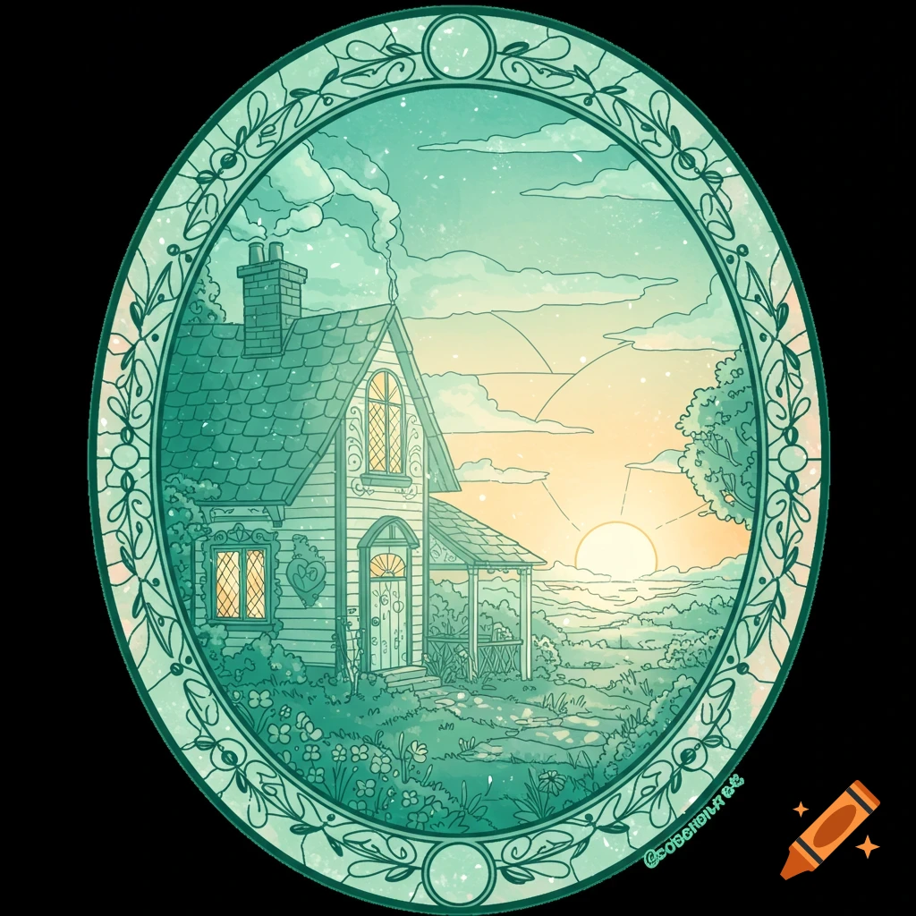 Cottagecore scene in an oval stained glass-style border with a cottage ...