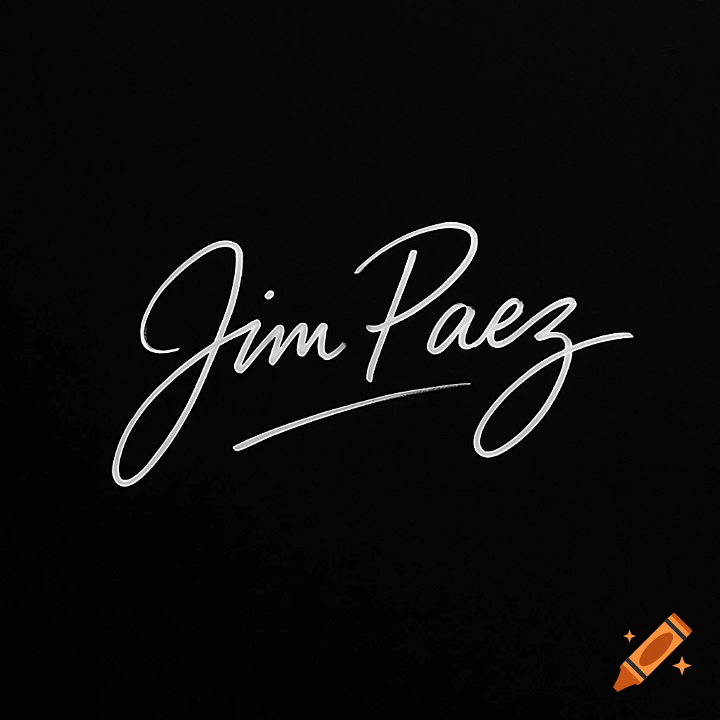 White script signature Jim Paez on black background. on Craiyon