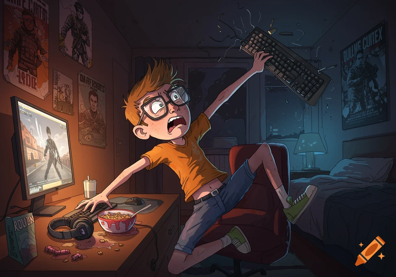Cartoon boy throws keyboard while gaming in his bedroom on Craiyon