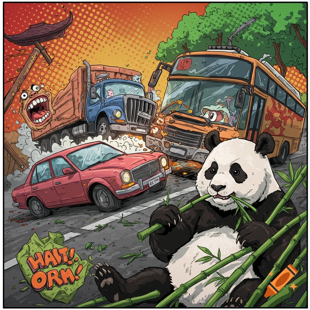 Cartoon panda eating bamboo in foreground of chaotic vehicle crash with ...