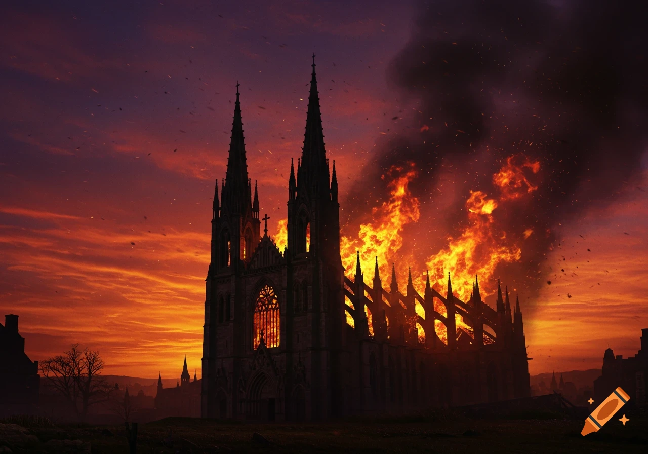 A gothic cathedral burns against a vibrant twilight sky. on Craiyon