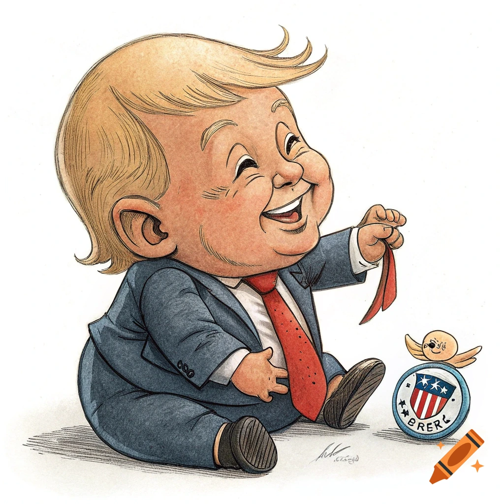 Cartoon illustration of a baby resembling Donald Trump in a suit ...