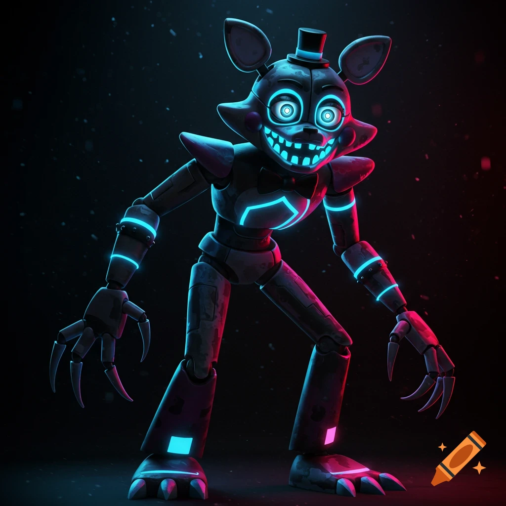 A dark, stylized robotic animatronic character with glowing blue eyes ...