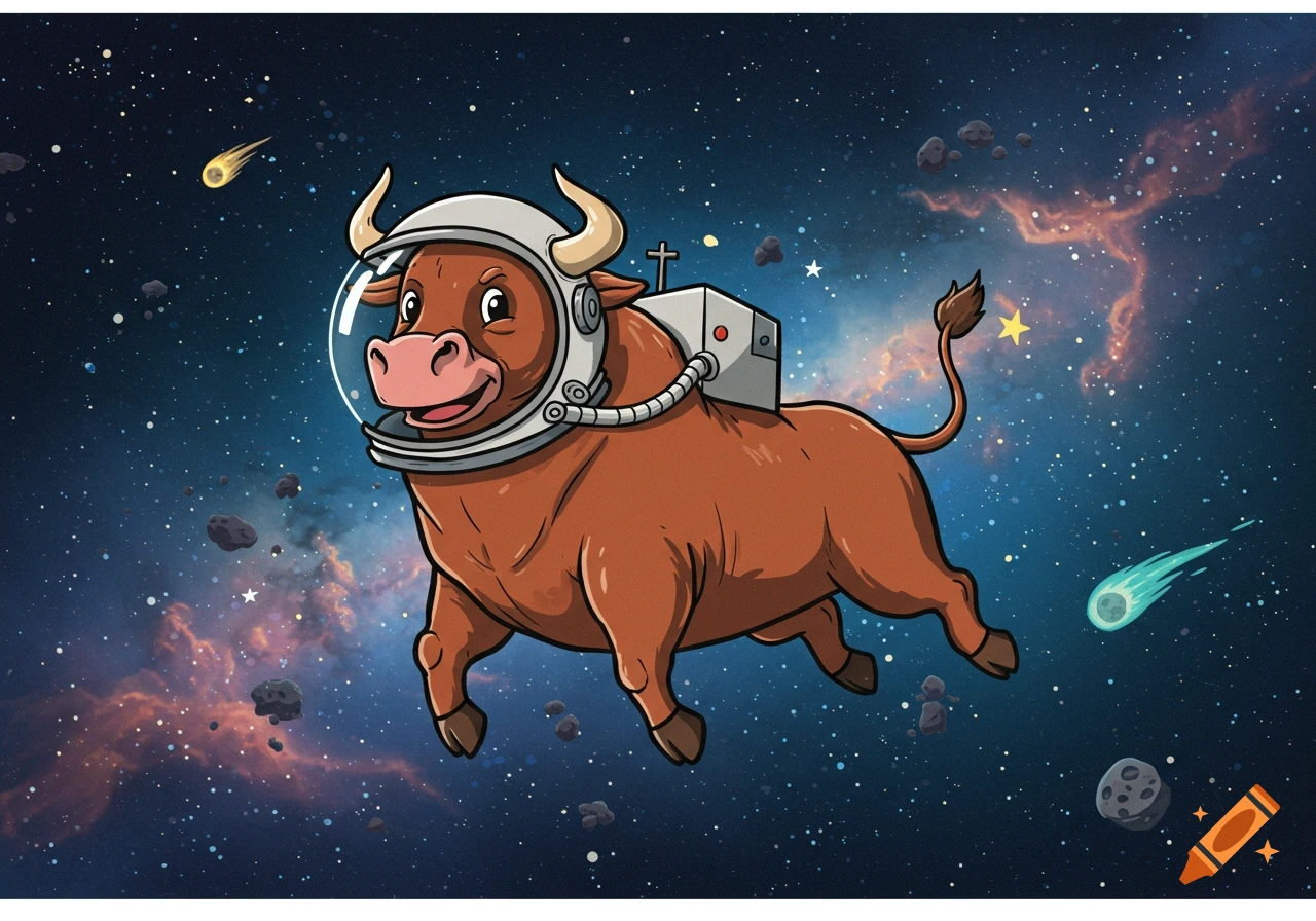 Cartoon bull wearing an astronaut helmet floats in space among asteroids and stars. on Craiyon