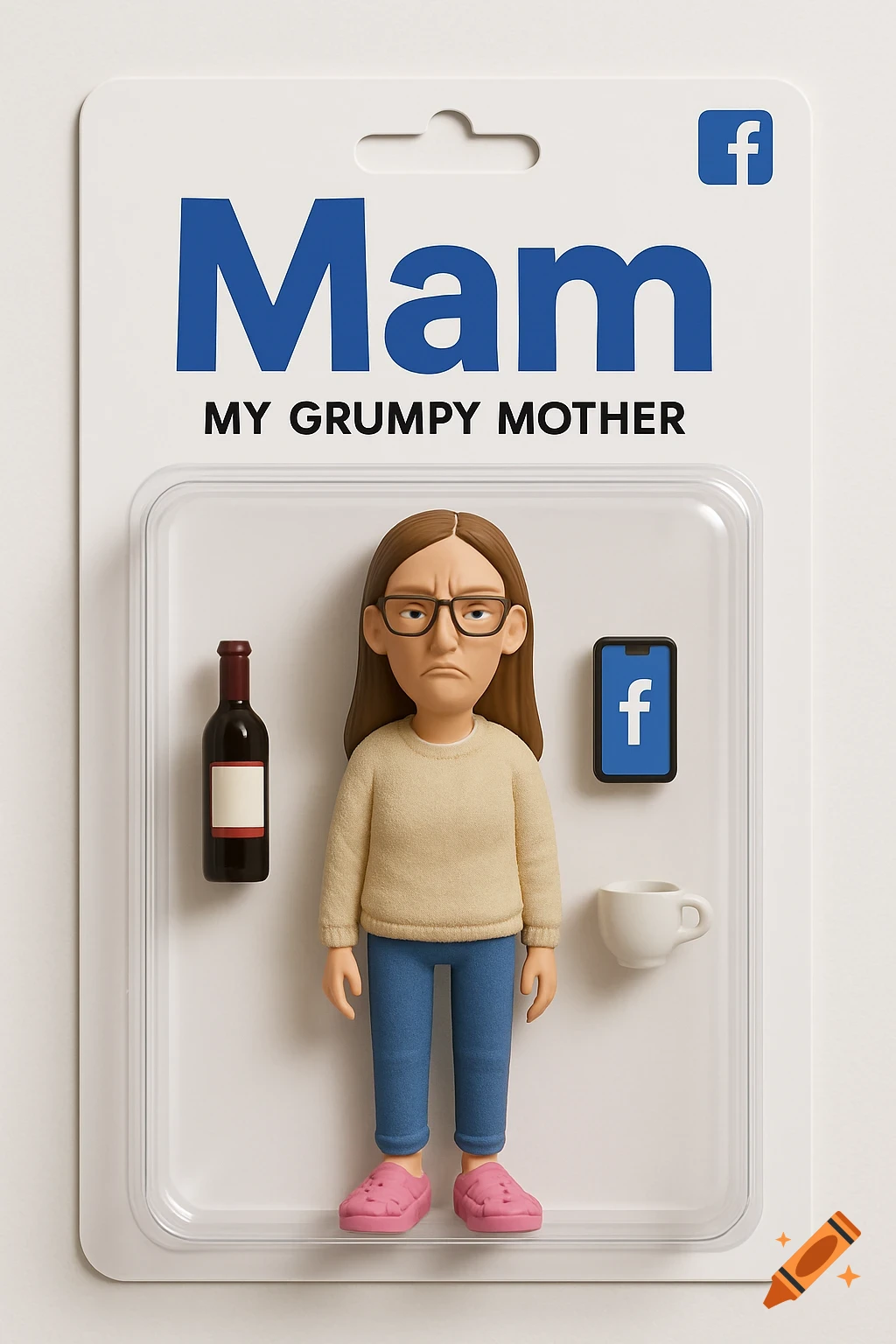 Action figure of a grumpy woman in toy packaging with wine, phone, and ...