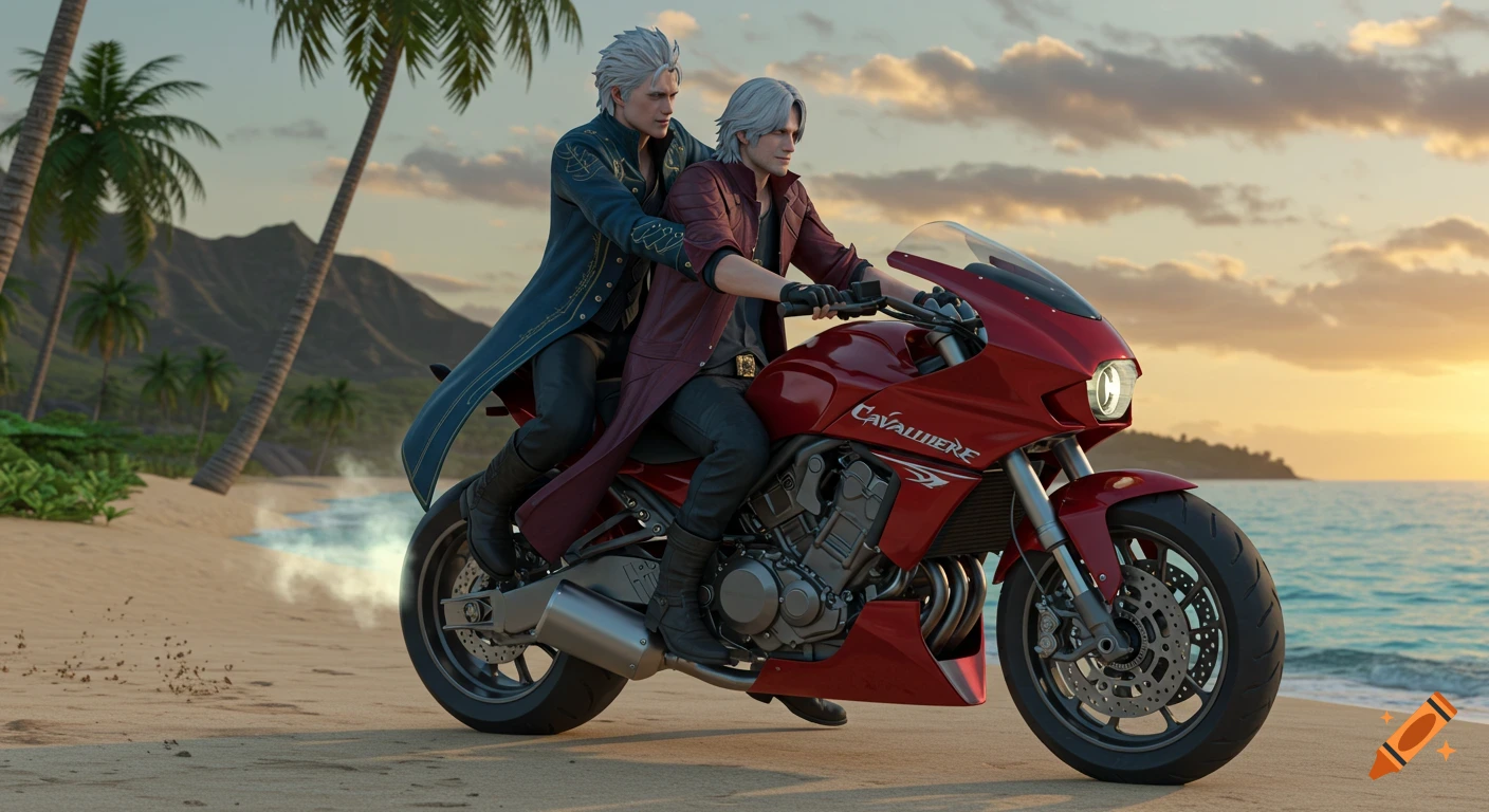 A 3D render of Dante and Vergil riding a red motorcycle on a beach at ...