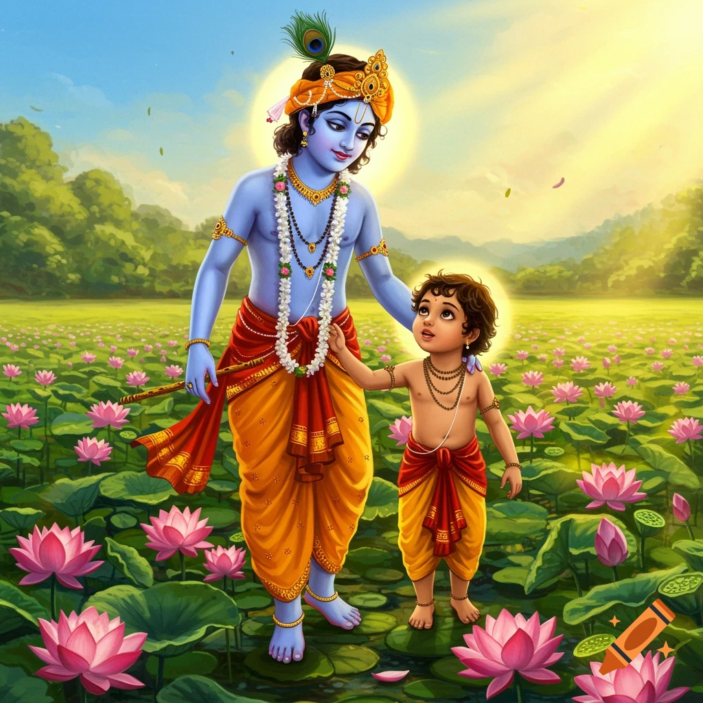 Krishna walking with a child in a field of lotus flowers, digital ...