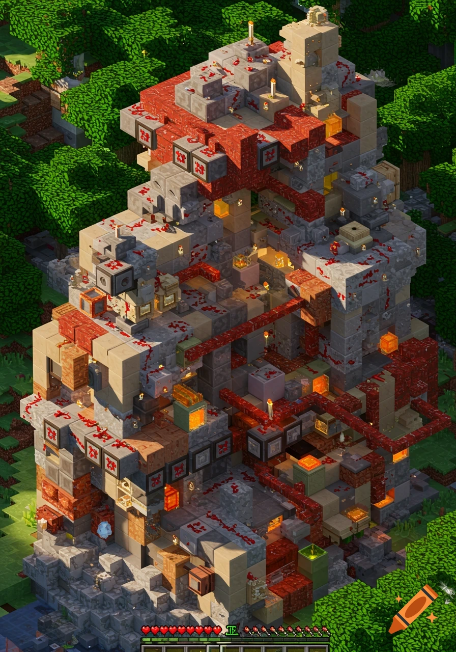 High-angle view of a detailed Minecraft build of a complex redstone ...