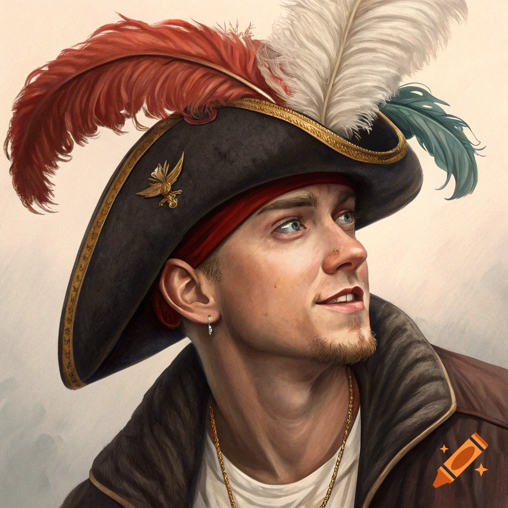 A man wearing a pirate hat with red and white feathers looking upwards ...