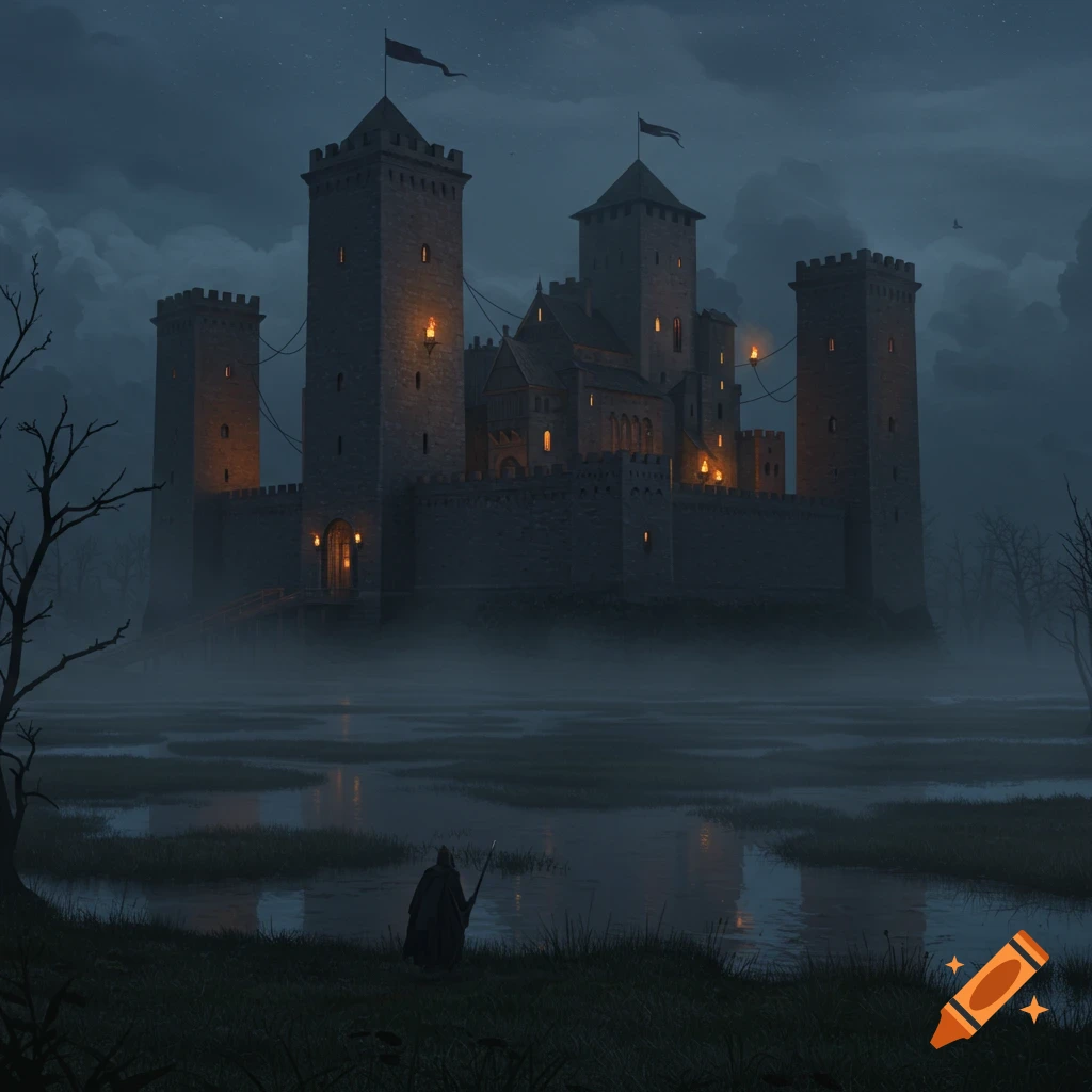 A dark fantasy illustration of a medieval castle surrounded by a foggy ...