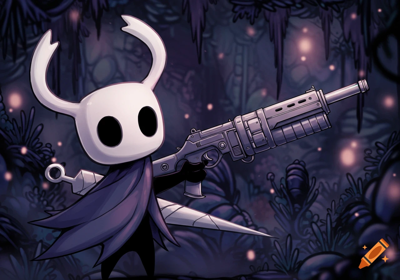 Hollow Knight character holding a large gun in a dark cave setting. on ...