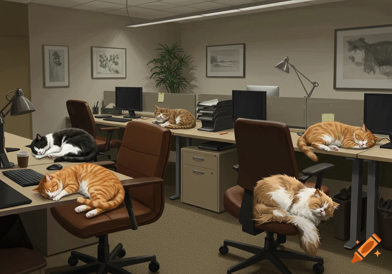 Several cats are seen sleeping in an office environment, on chairs and ...