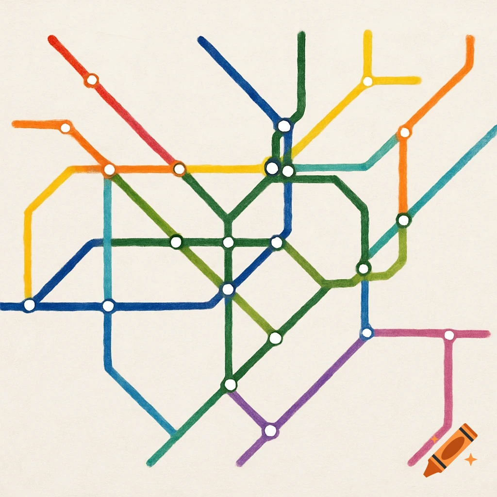 Abstract tube map with colorful lines and white stations on a light ...