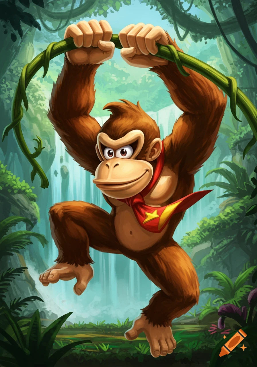 Cartoon illustration of Donkey Kong hanging from a vine in a jungle. on ...