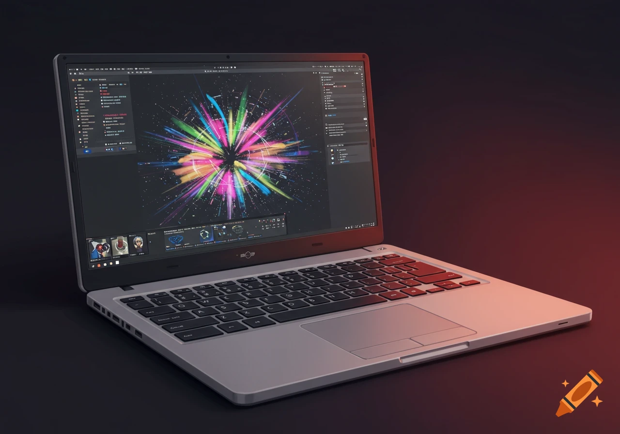 A silver laptop with a dark screen displaying a colorful abstract ...