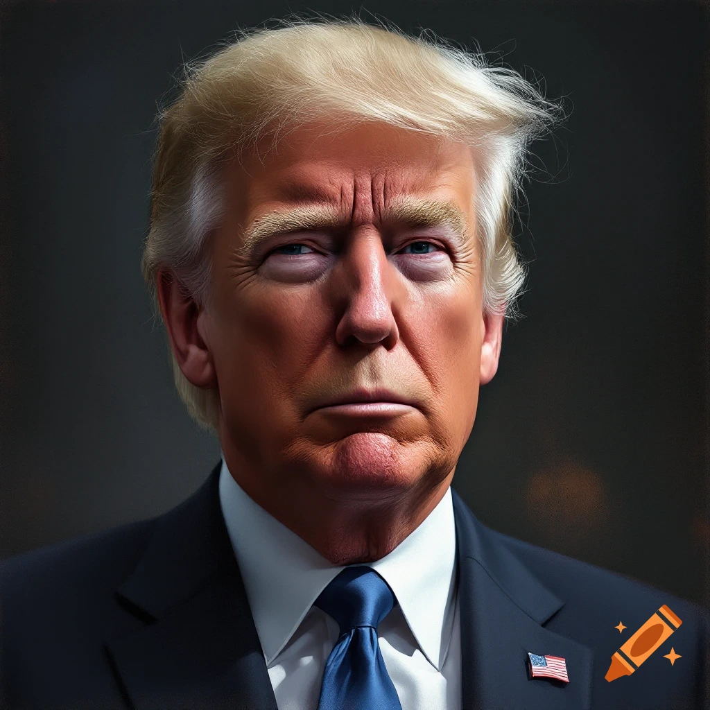 Close-up portrait of a man resembling Donald Trump in a suit and tie ...