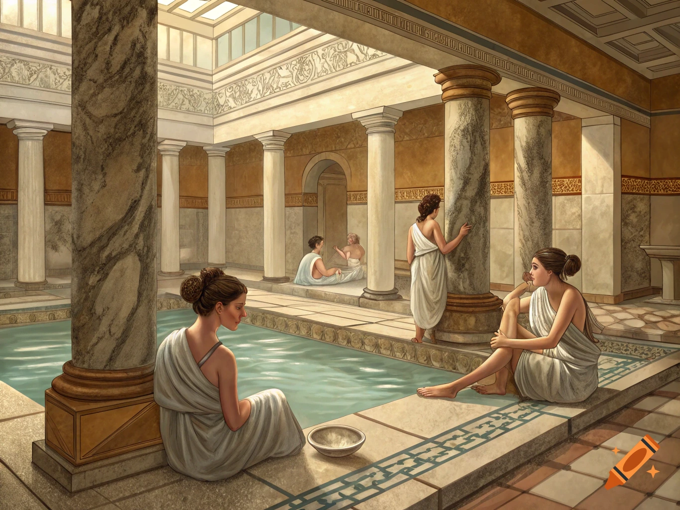 Women bathing in an ancient Greek bathhouse with columns and a pool. on ...