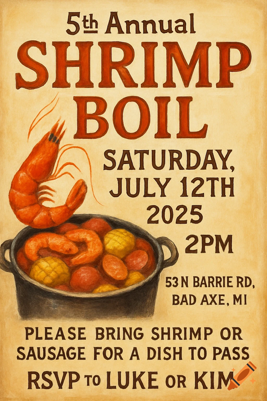 Painted poster for a shrimp boil event showing shrimp and food in a pot ...