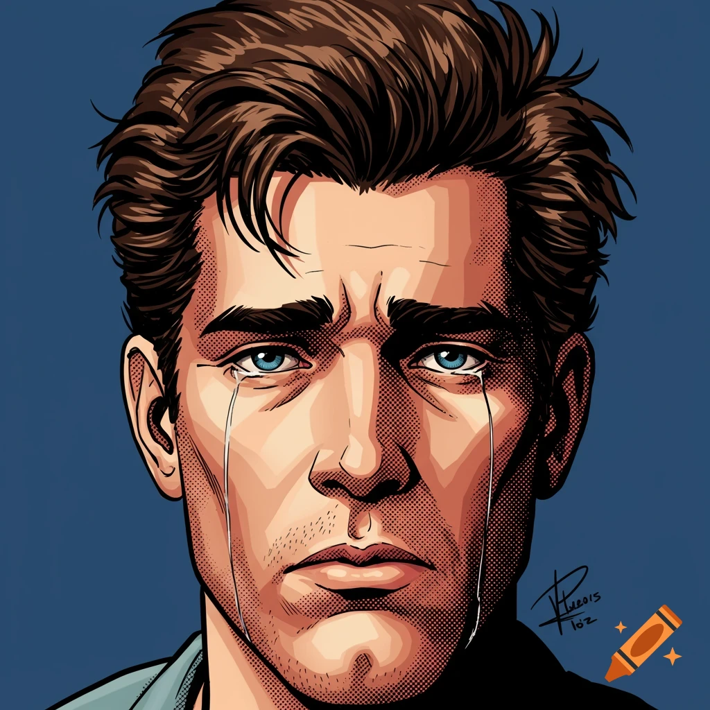 Close-up of a man crying, in a 1990s comic book style. on Craiyon