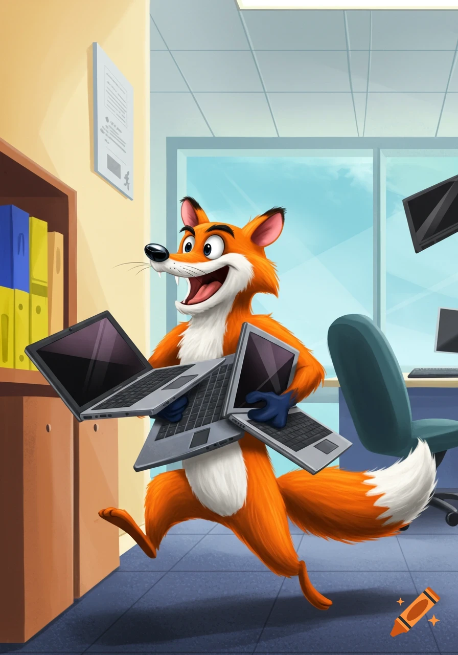A cartoon fox, Swiper, runs through an office carrying multiple laptops ...
