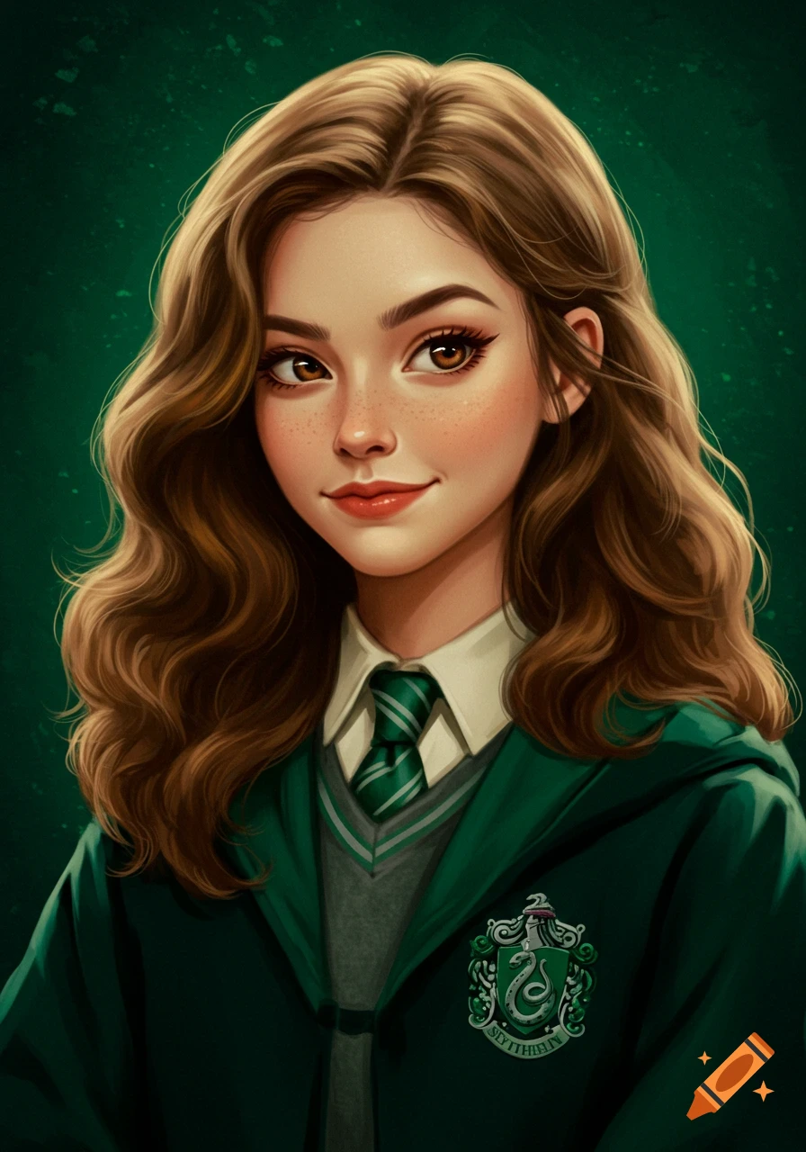 Portrait of young woman with brown hair, eyes, freckles, wearing green Slytherin uniform with ...
