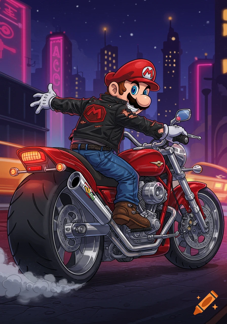 Cartoon Mario rides a red motorcycle through a neon-lit city at night ...