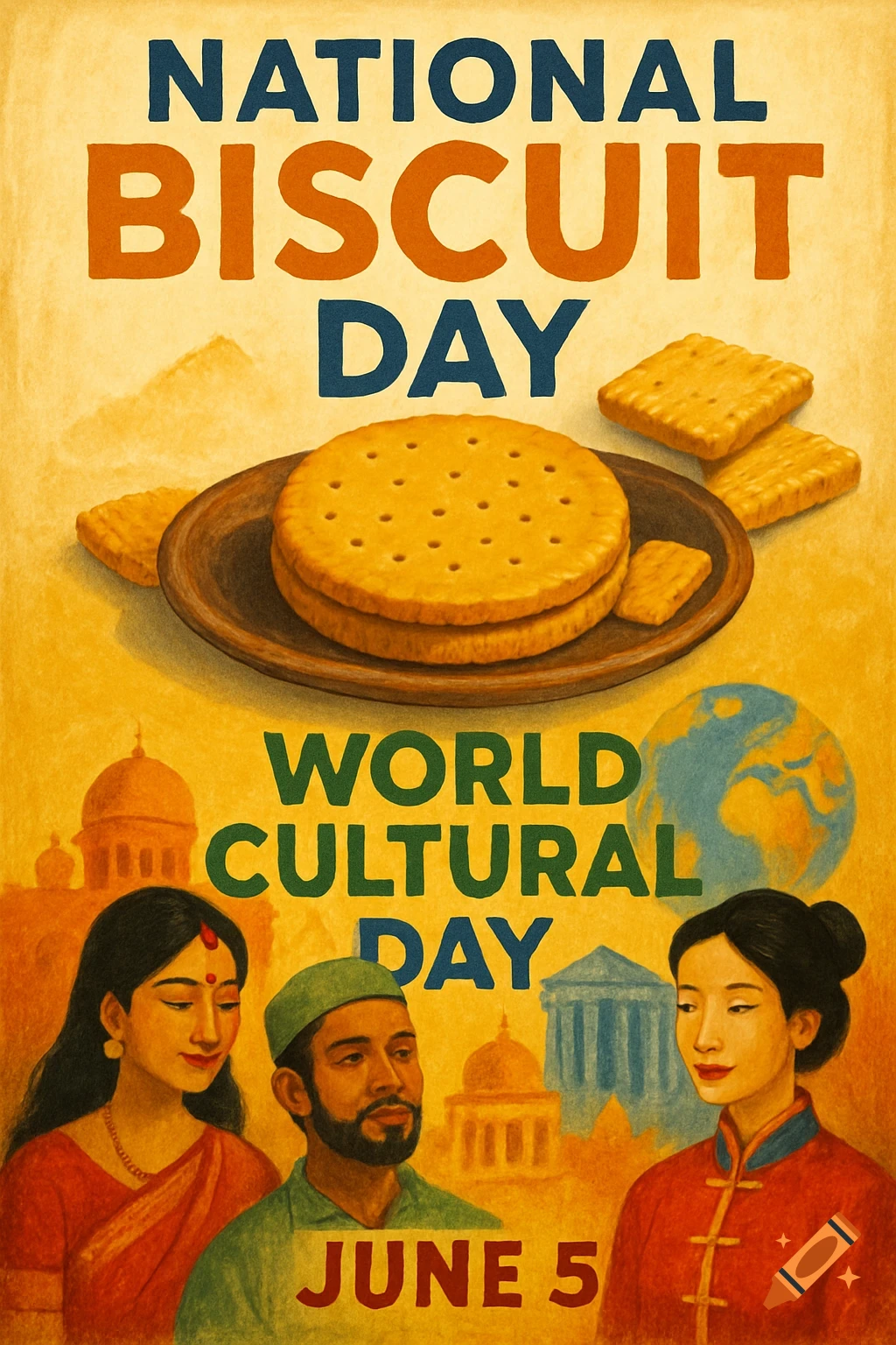 A painted poster celebrating National Biscuit Day and World Cultural ...