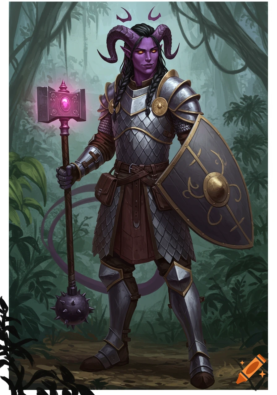 A dark lavender tiefling in scale armor holds a glowing mace and shield ...