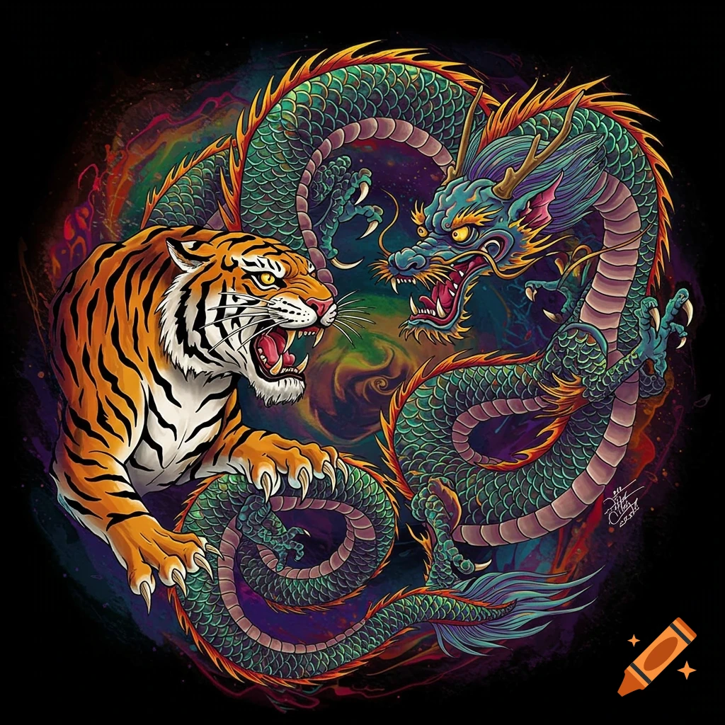 Colorful stylized illustration of a tiger fighting a dragon. on Craiyon