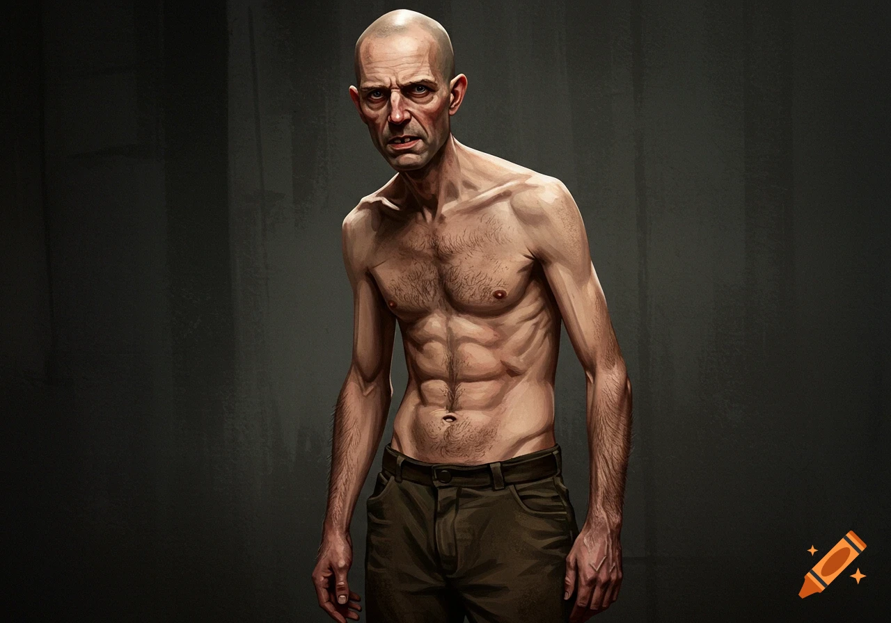 Illustration of a skinny, bald man with prominent ribs and abdominal muscles, wearing trousers ...