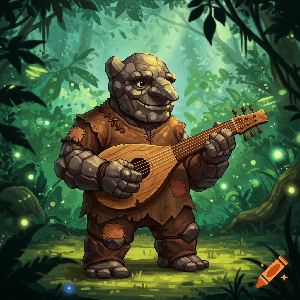 A small golem bard with patched clothing plays a lute in a lush fantasy ...