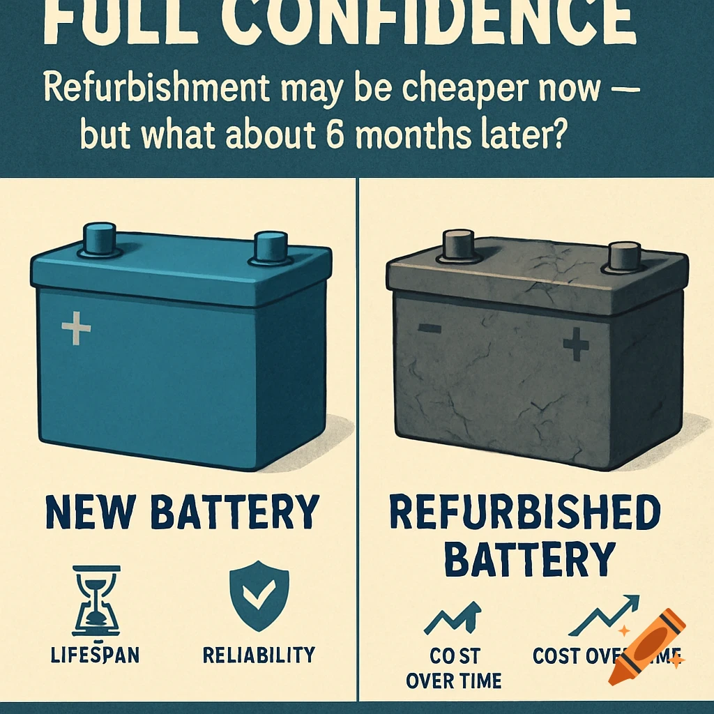 Diagram comparing a new blue battery and a refurbished grey battery ...