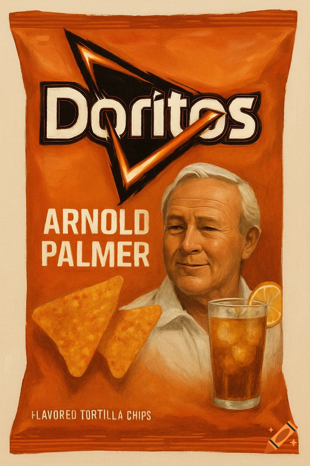 Painted image of a Doritos bag featuring Arnold Palmer's portrait ...