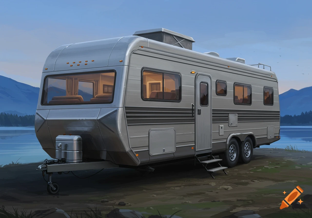An illustration of a silver camper trailer parked beside a lake with ...