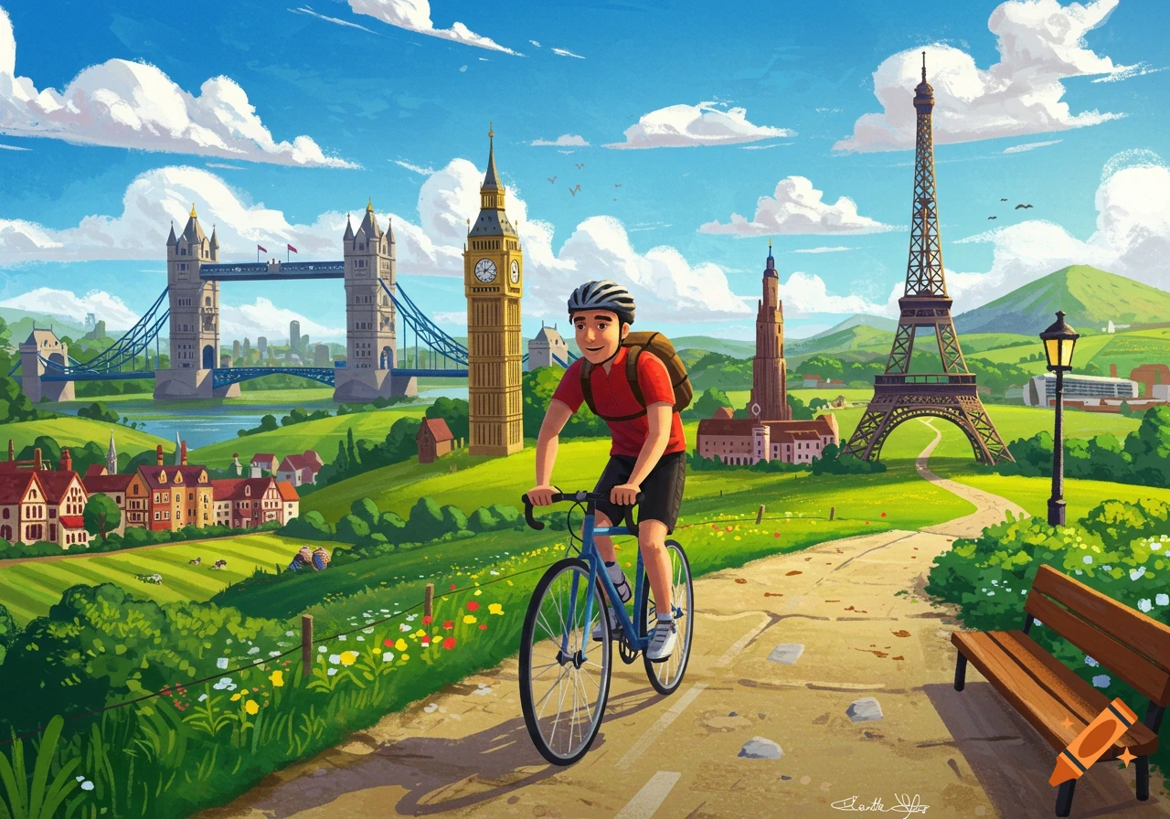 A man cycles down a path past London landmarks and the Eiffel Tower in ...