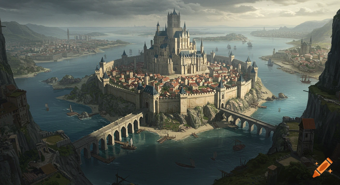 A grand gothic castle and city on islands in a bay, connected by ...