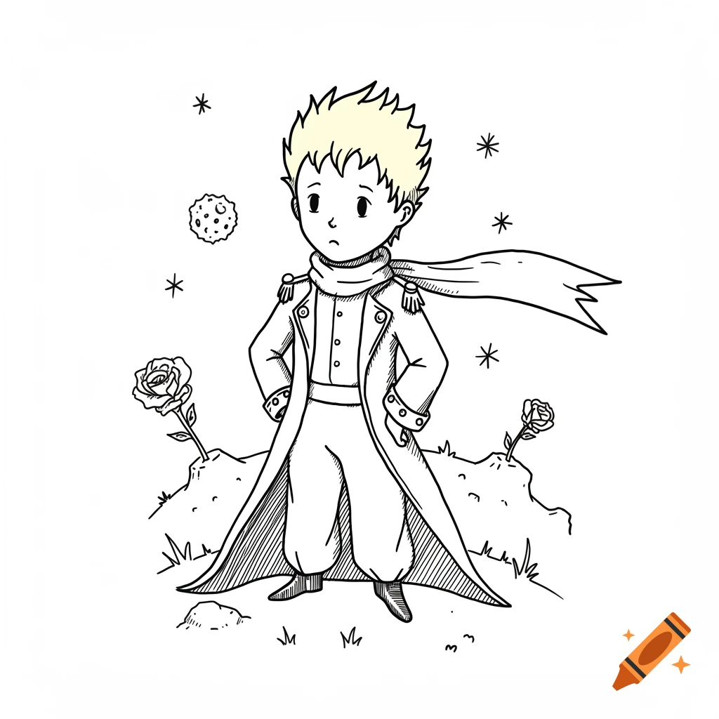 A linear drawing of the Little Prince standing on a planet with a rose ...
