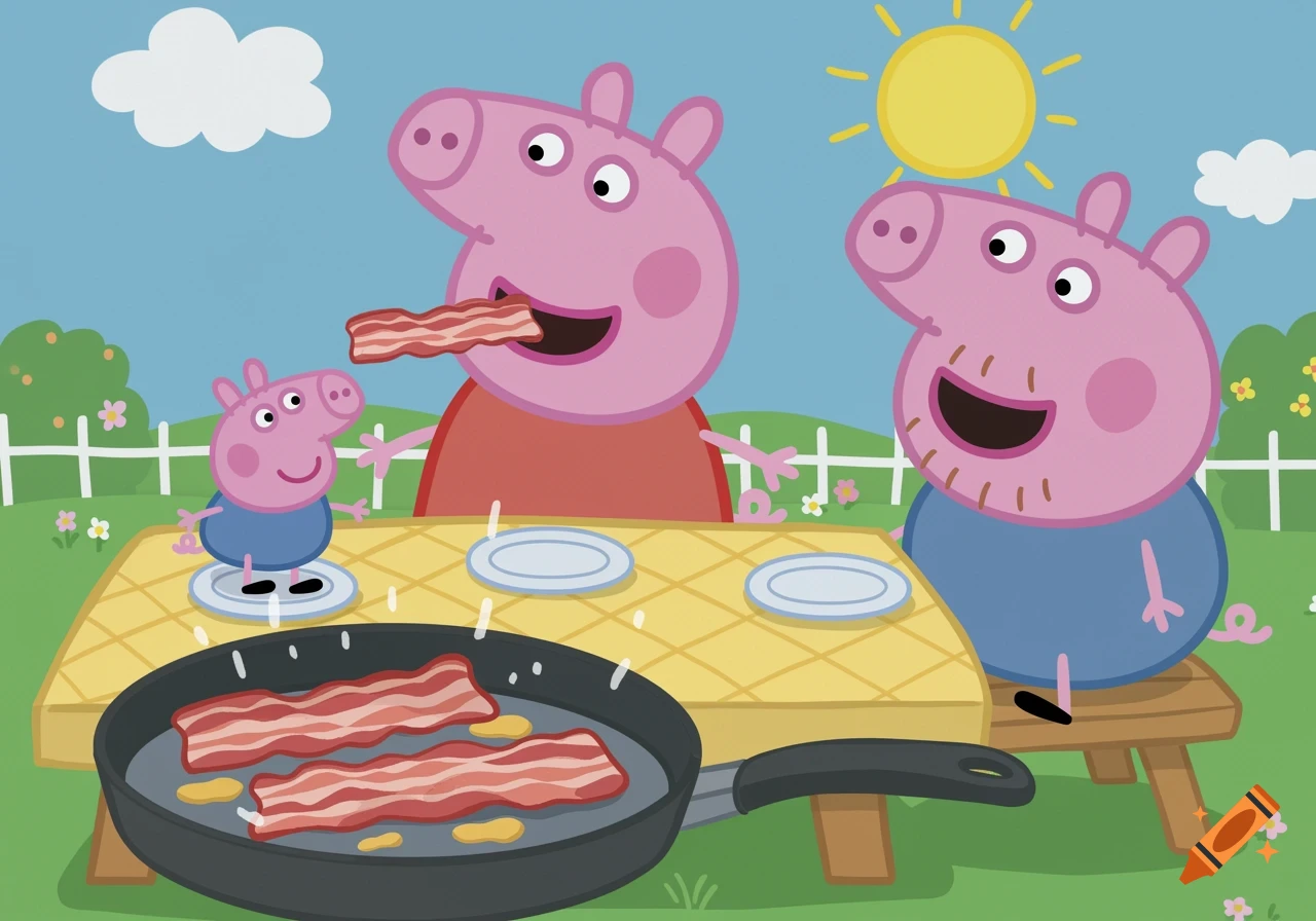 Cartoon family of pigs eats bacon at a picnic table outdoors. on Craiyon