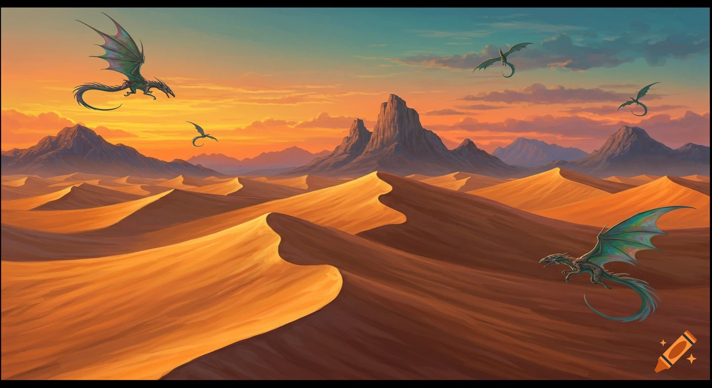 Fantasy scene of dragons flying over desert dunes with mountains at ...
