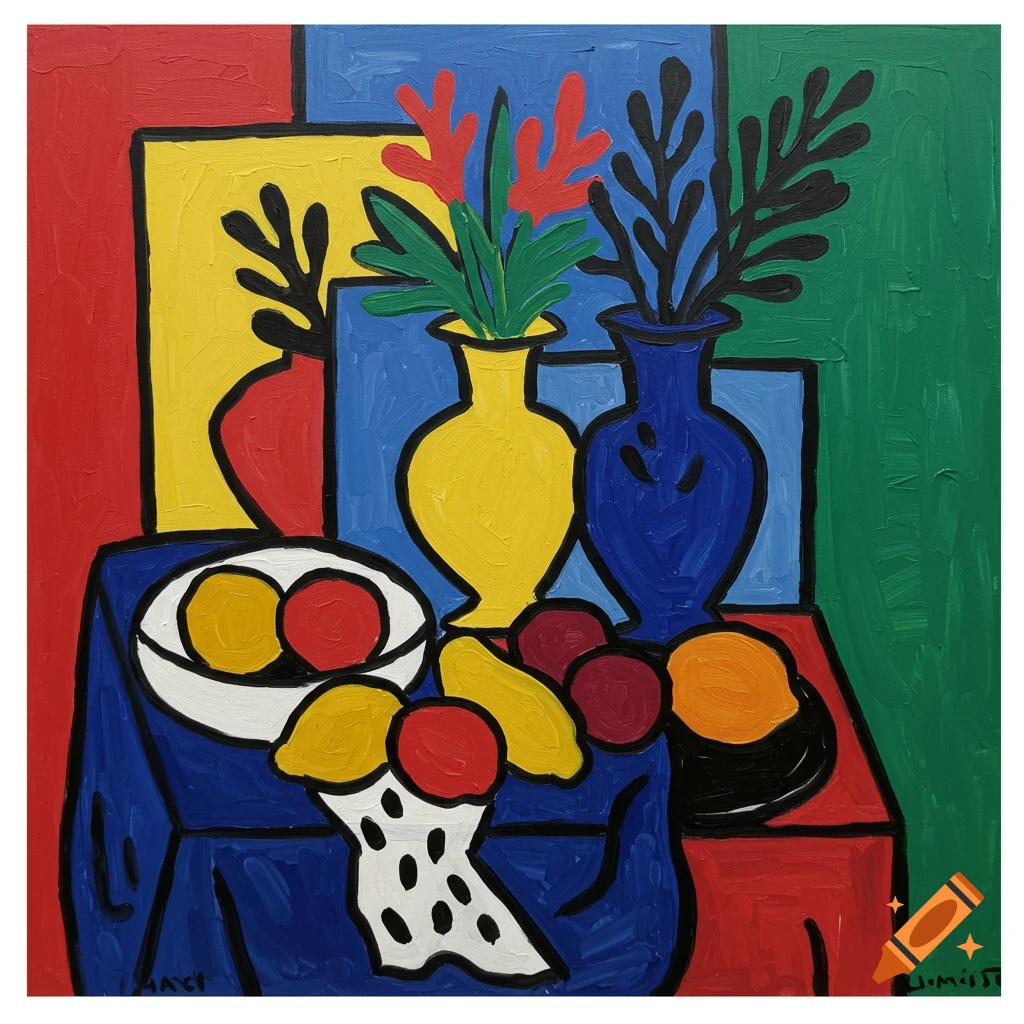 A Matisse-inspired still life painting with bold, flat colors and thick ...
