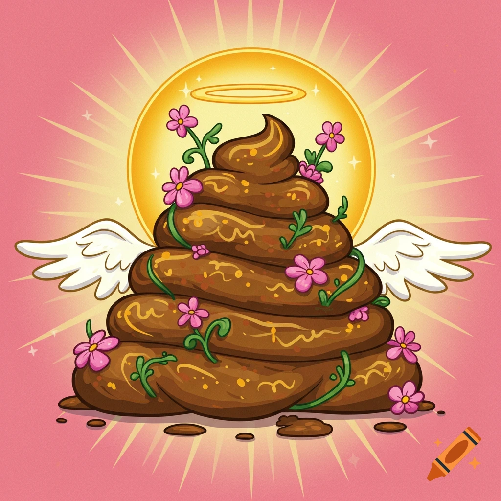 Cartoon pile of poop with wings, a halo, flowers, and golden rays. on ...