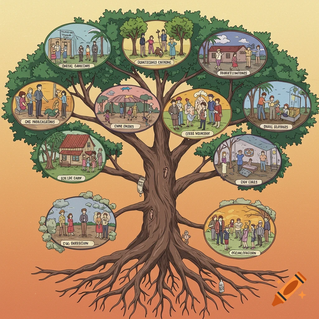 Illustration of a tree diagram with vignettes showing scenes of people ...